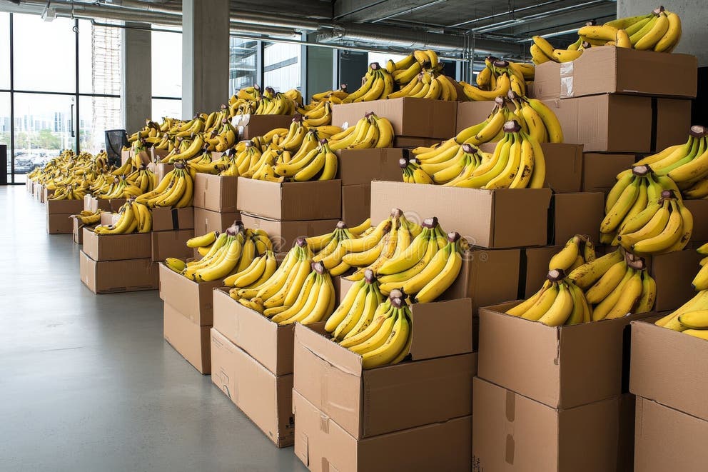 Big Cardboard Boxes with Many Bananas in Warehouse Stock Illustration ...