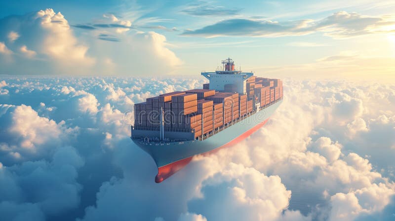Big Cargo Container Ship Flying in the Sky among the Clouds Stock ...