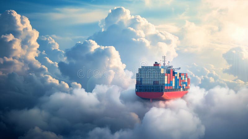 Big Cargo Container Ship Flying in the Sky among the Clouds Stock Illustration - Illustration of ...