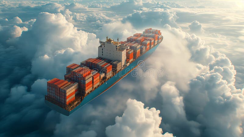Big Cargo Container Ship Flying in the Sky among the Clouds Stock ...