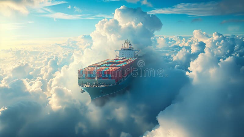 Big Cargo Container Ship Flying in the Sky among the Clouds Stock Illustration - Illustration of ...