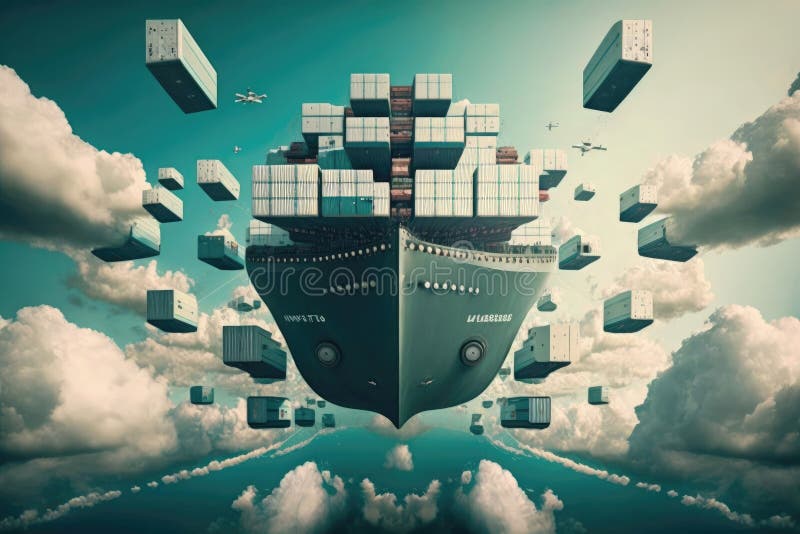 Big Cargo Container Ship Flying in the Sky among the Clouds. Generative ...
