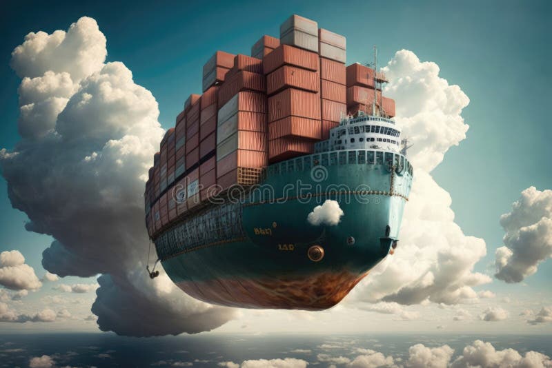 Big Cargo Container Ship Flying in the Sky among the Clouds. Generative ...