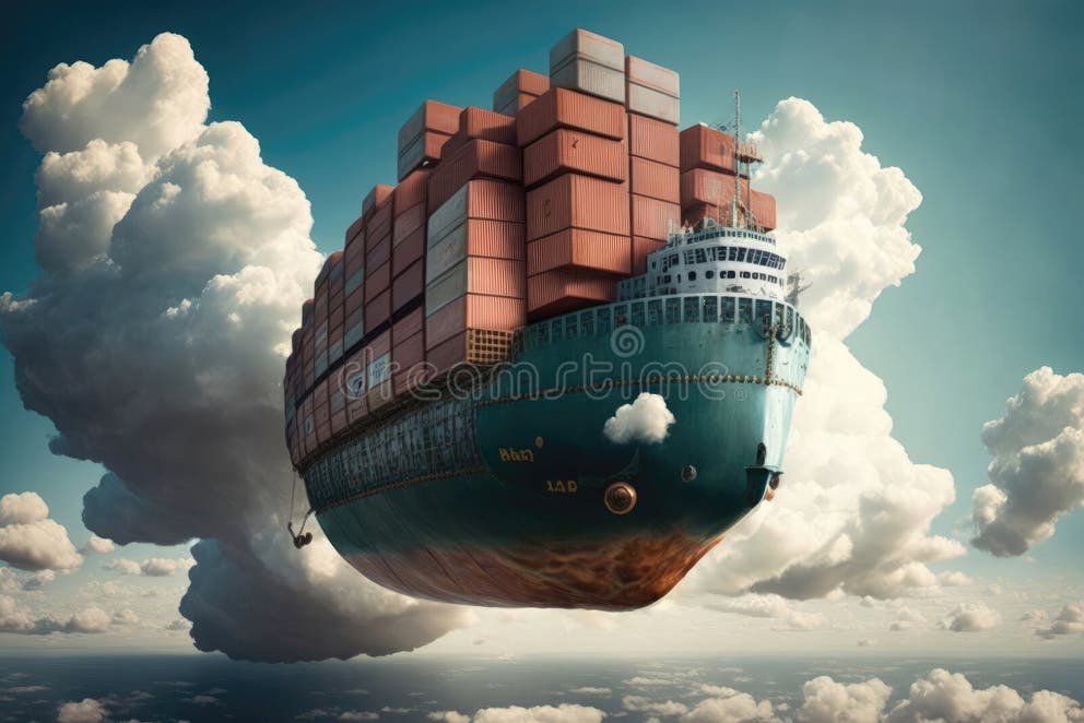 Big Cargo Container Ship Flying in the Sky among the Clouds. Generative ...