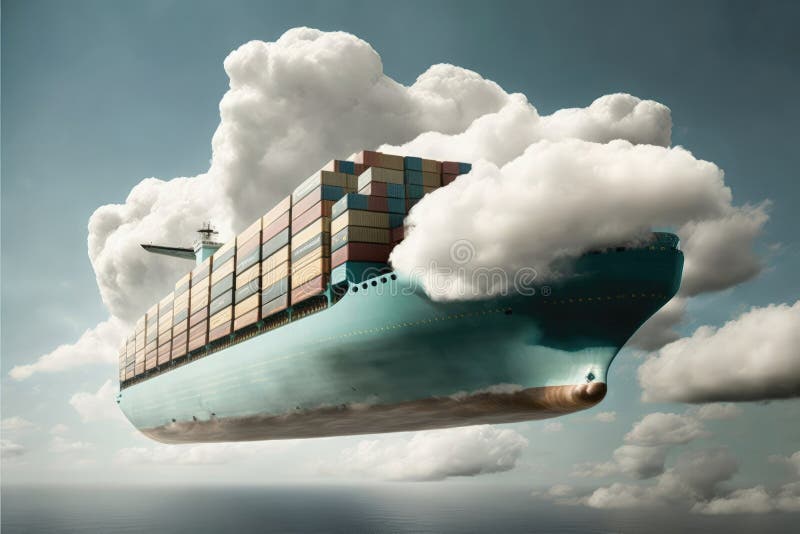 Big Cargo Container Ship Flying in the Sky among the Clouds. Generative ...