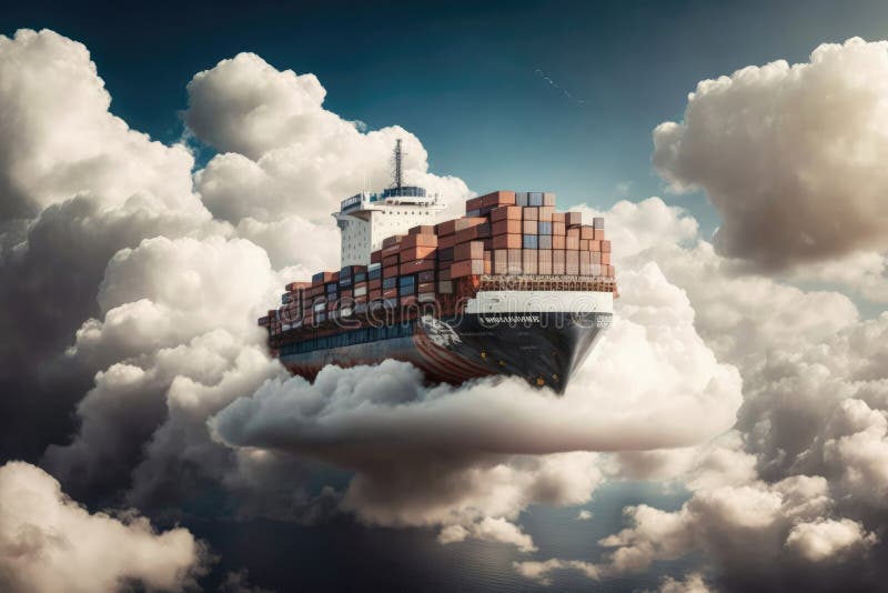 Big Cargo Container Ship Flying in the Sky among the Clouds. Generative AI Stock Illustration ...