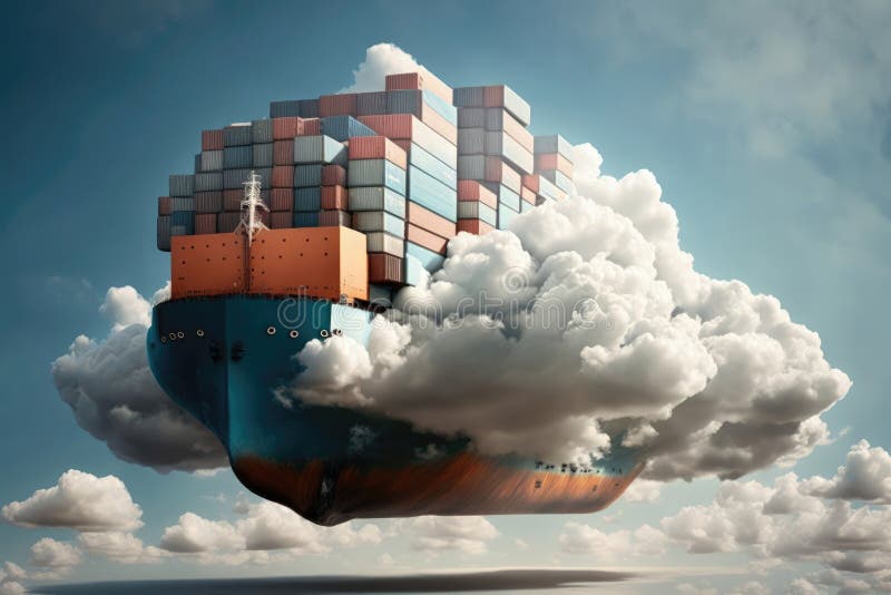 Big Cargo Container Ship Flying in the Sky among the Clouds. Generative ...