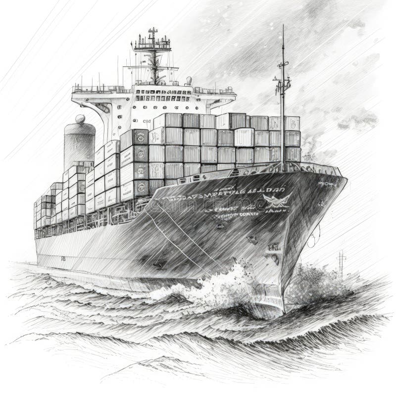 Big Cargo Container Ship in the Sea. Pencil Sketch. Generative AI Stock ... Big Cargo Container Ship in the Sea. Pencil Sketch. Generative AI Stock ...