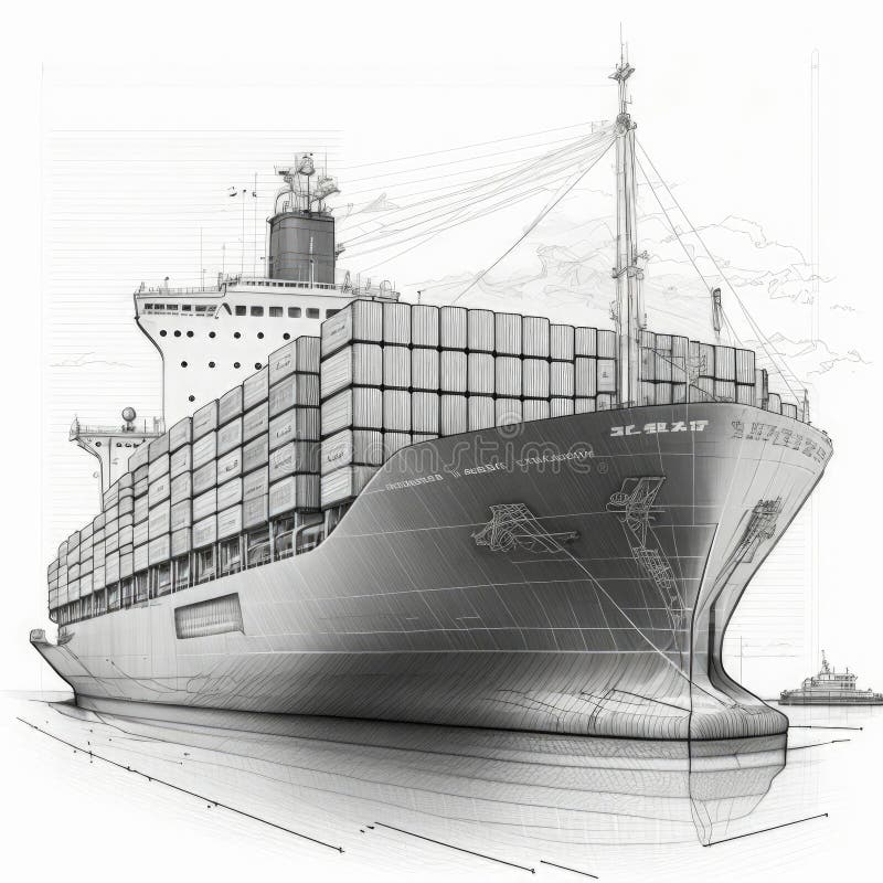 Big Cargo Container Ship in the Sea. Pencil Sketch. Generative AI Stock ... Big Cargo Container Ship in the Sea. Pencil Sketch. Generative AI Stock ...
