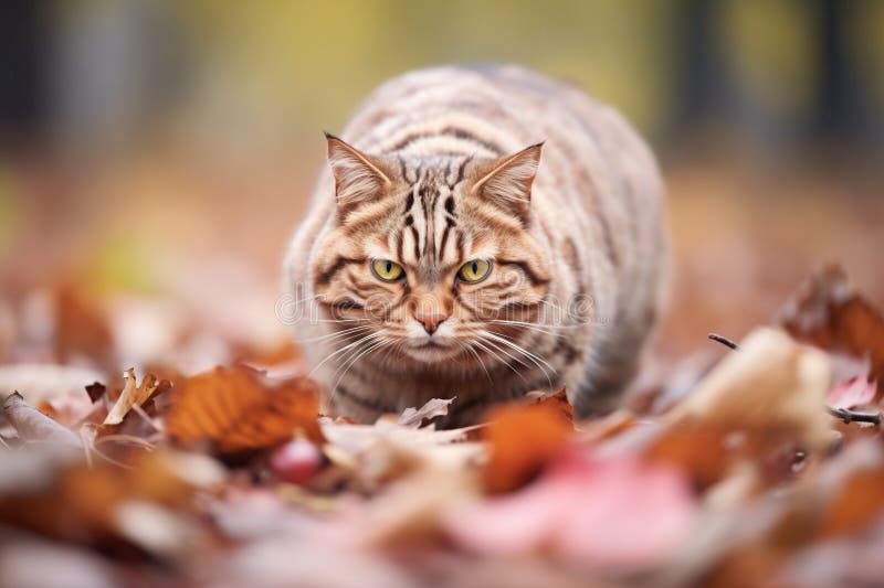 Big Cat Stalking through Autumn Leaves Stock Photo - Image of stealthy ...