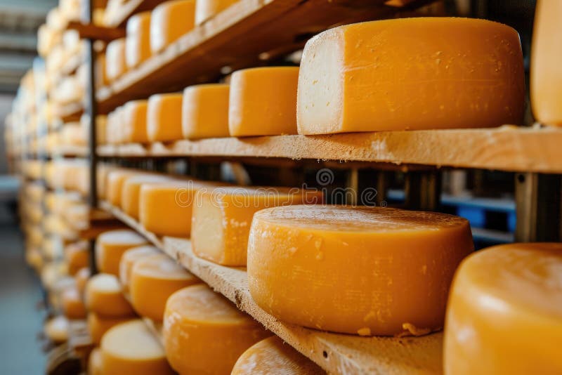 Big Cheese Wheels at Manufacturing Closeup. a Cheese Dairy in a ...