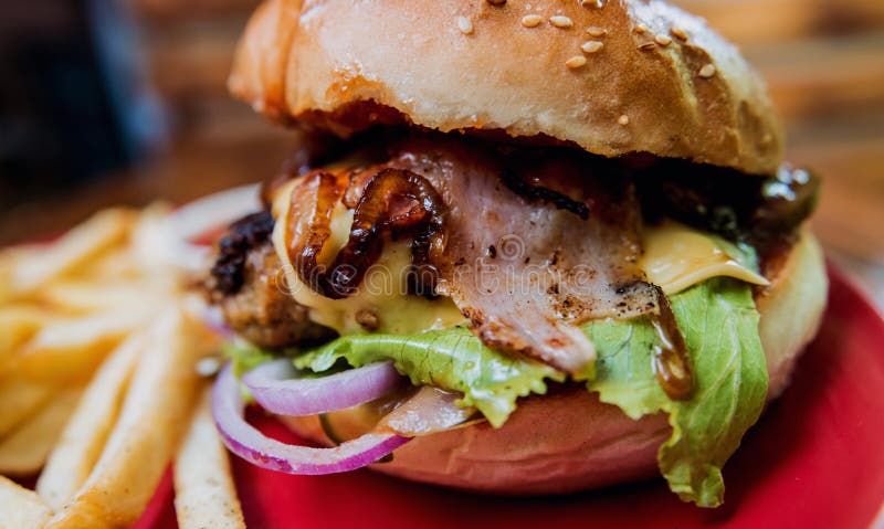 Big Cheeseburger and Chips on a Plate. Stock Image - Image of eating ...