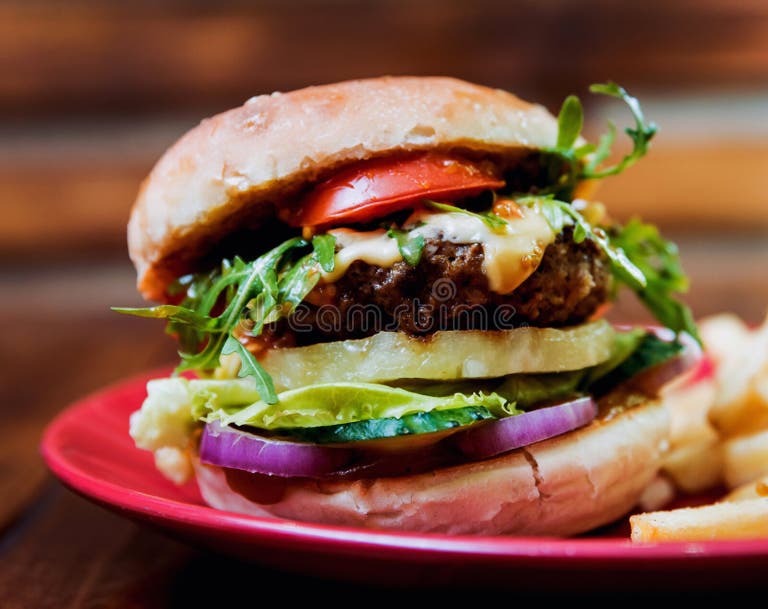Big Cheeseburger and Chips on a Plate. Stock Photo - Image of butter ...