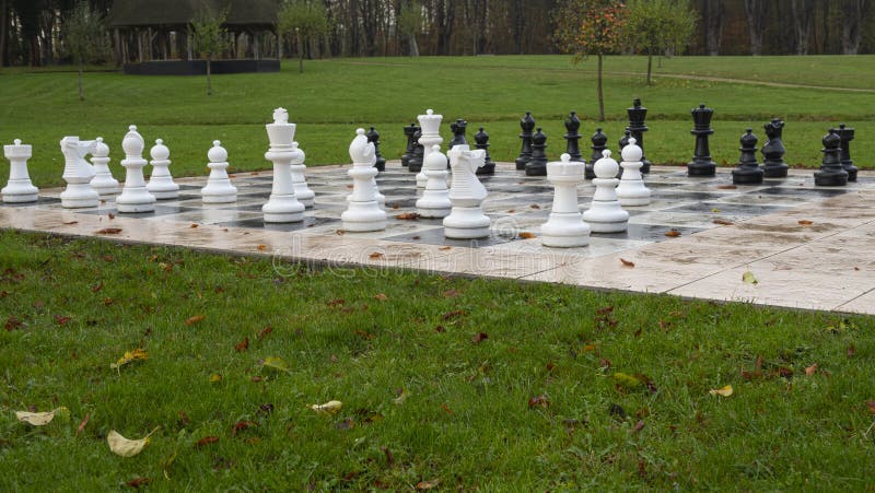Big chess board in a park. stock image. Image of nature - 262945305