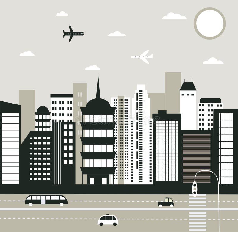 Big City in Black and White Stock Vector - Illustration of buildings ...