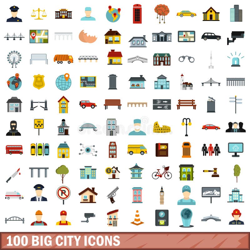 100 Big City Icons Set, Flat Style Stock Vector - Illustration of ...