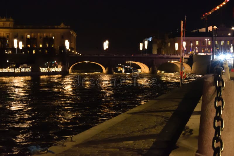 Big City at Night with Many Lights and Illuminated Bridge Stock Photo ...