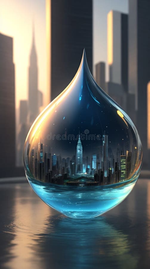 Big City Reflected Inside a Water Drop Stock Illustration ...