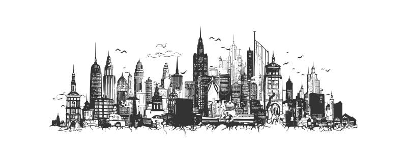 Big City Silhouette Sketch Hand Drawn in Doodle. Vector Illustration ...