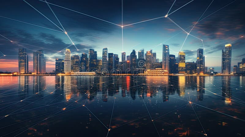 Big City Skyscraper Downtown Panoramic View. Digital Interface with ...