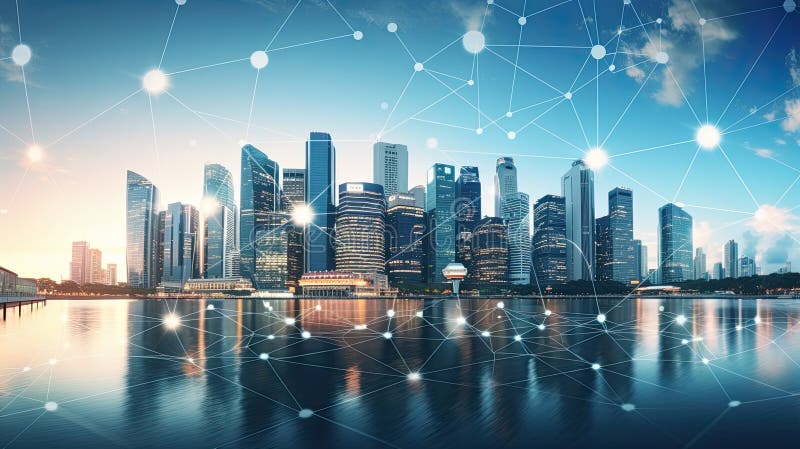 Big City Skyscraper Downtown Panoramic View. Digital Interface with ...