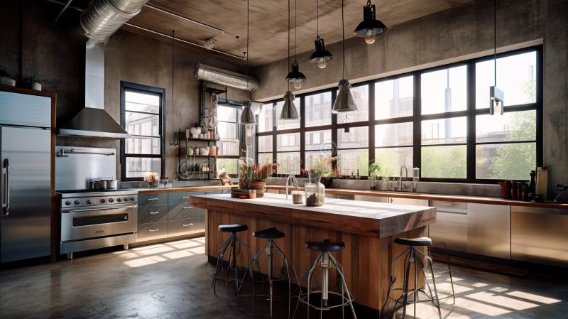 Big Clean Industrial Kitchen with Lots of Natural Light - Generative AI ...