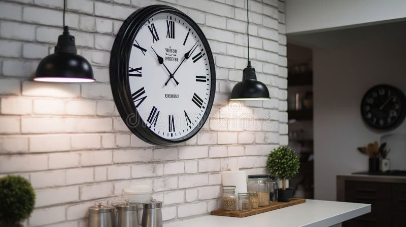 Big Clock Hanging on White Brick Wall in Kitchen, Generative Ai Stock ...