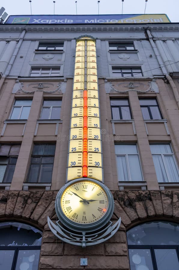 Big Clock and Thermometer on the Facade of the Building in Kharkiv ...