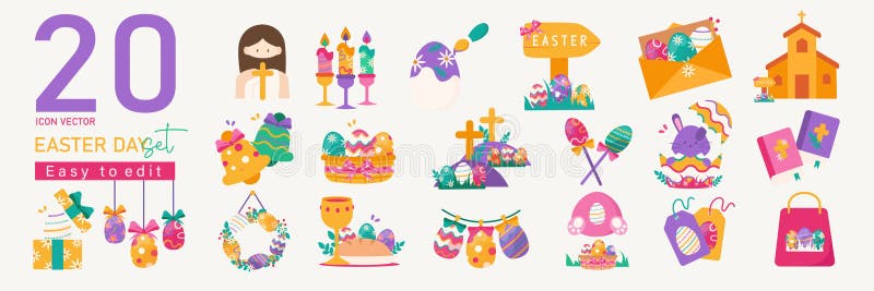 Big Collection of Happy Easter Objects. Flat Design Vector Illustration ...