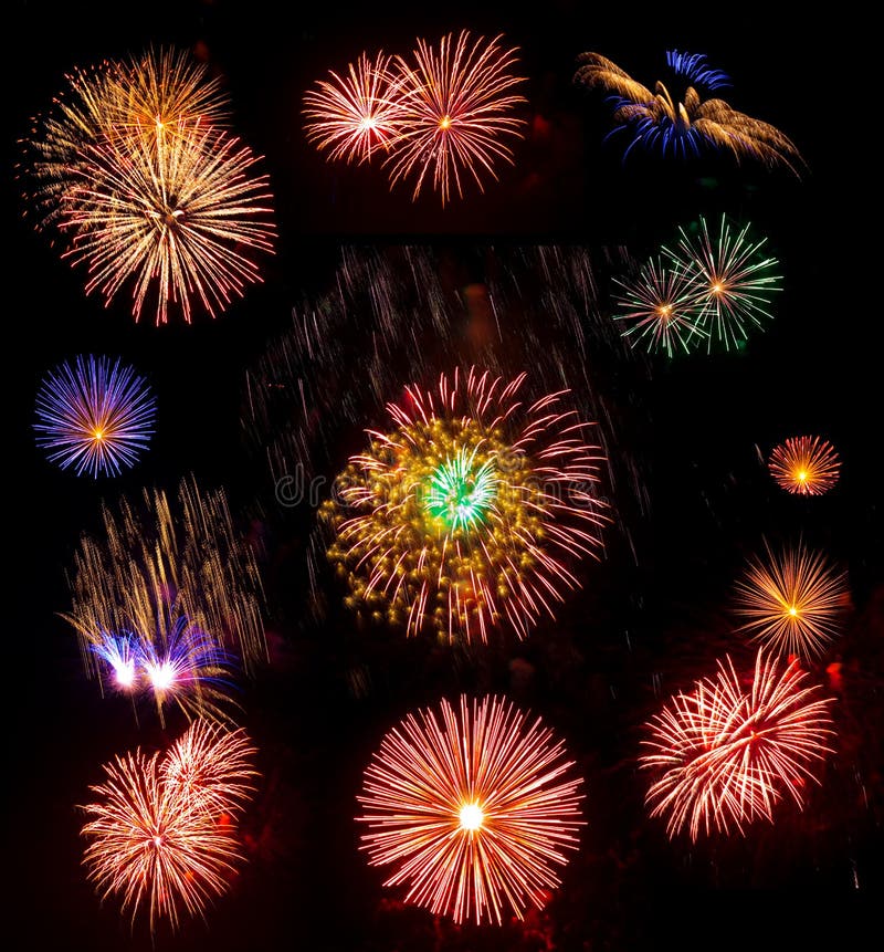 Big Collection of Real Fireworks Isolated on Black Stock Photo - Image ...