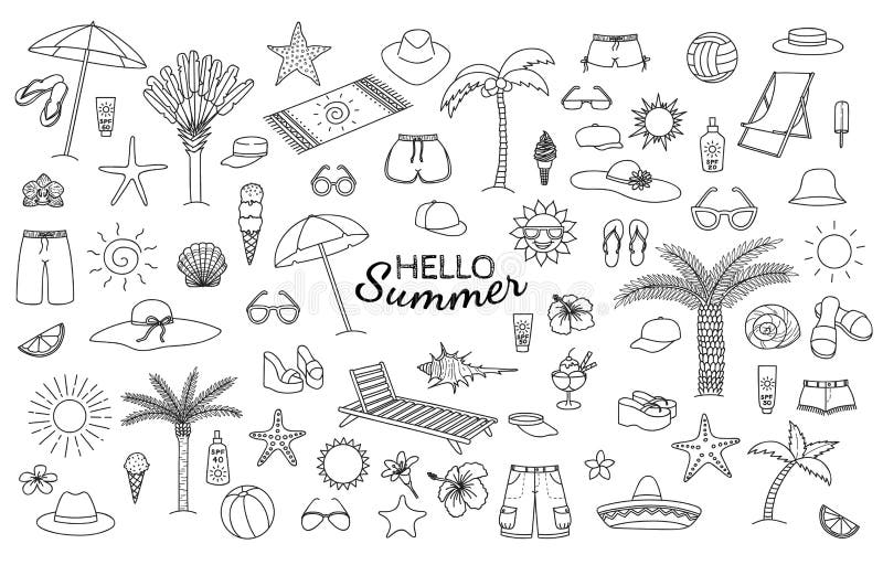 Big Collection of Summer Theme Hand Drawn Doodles. Vector Eps10. Stock ...