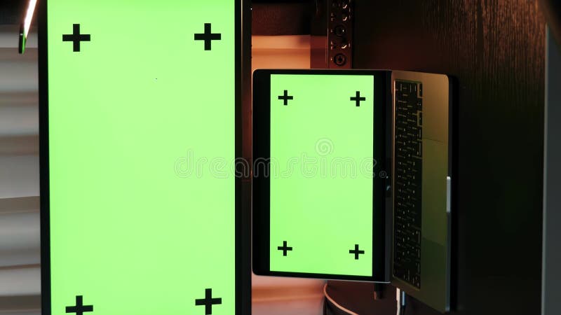 Big Computer Screens with Green Chroma Key. Vertical Video. Work Office ...