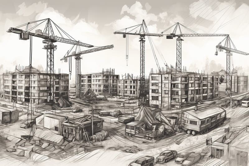 Big Construction Site with Cranes in a Sketch Style, Which May Evoke a ...