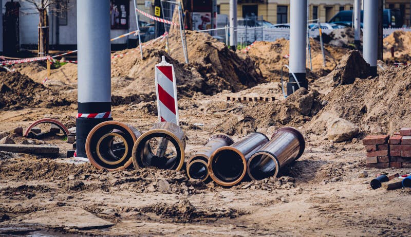 Big Construction Site with Pipes and Wires in the Construction Area ...