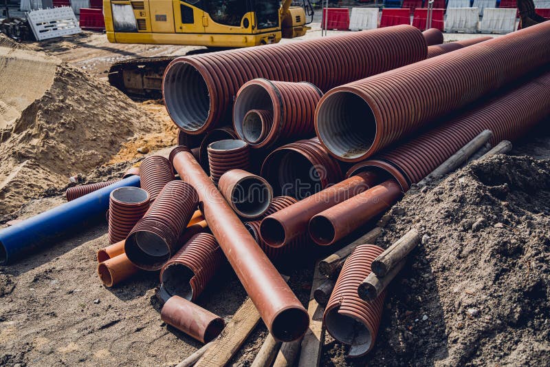 Big Construction Site with Pipes and Wires in the Construction Area ...