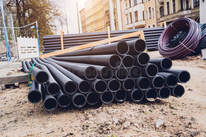Big Construction Site with Pipes and Wires in the Construction Area ...