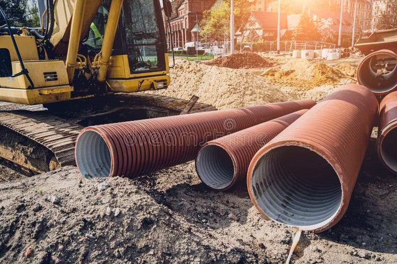 Big Construction Site with Pipes and Wires in the Construction Area ...