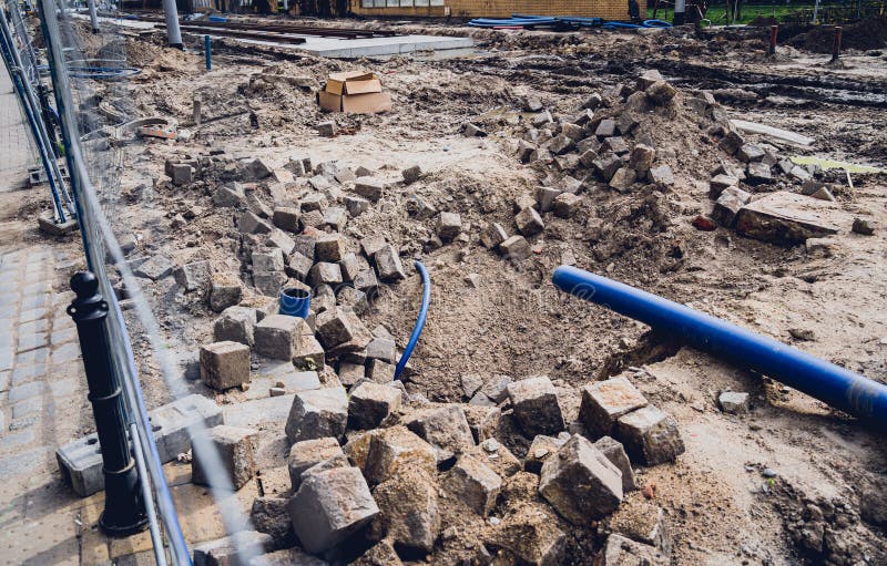 Big Construction Site with Pipes and Wires in the Construction Area ...