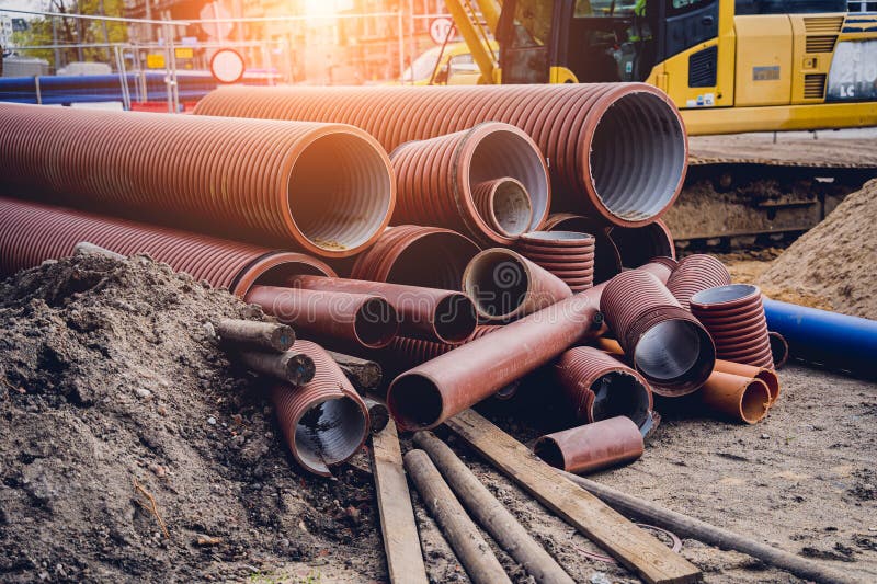 Big Construction Site with Pipes and Wires in the Construction Area ...