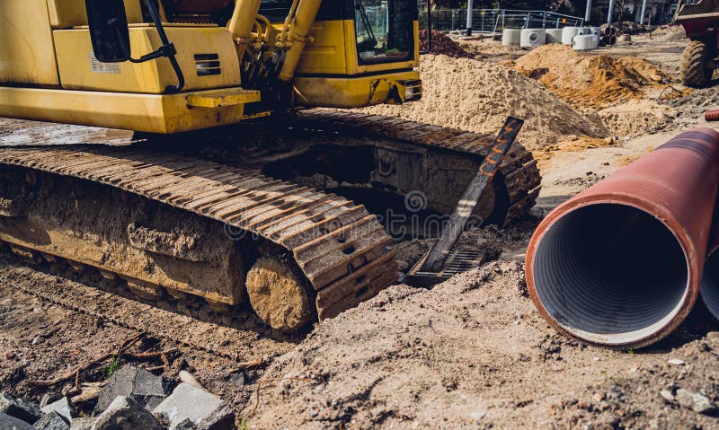 Big Construction Site with Pipes and Wires in the Construction Area ...