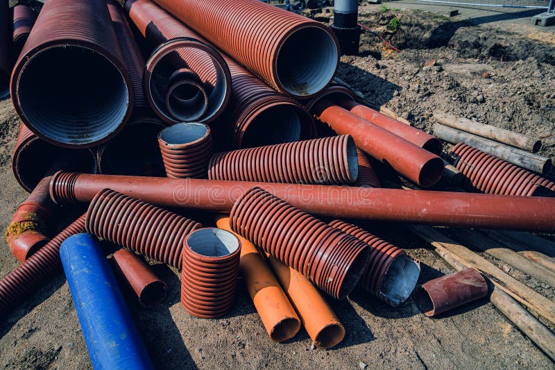 Big Construction Site with Pipes and Wires in the Construction Area ...