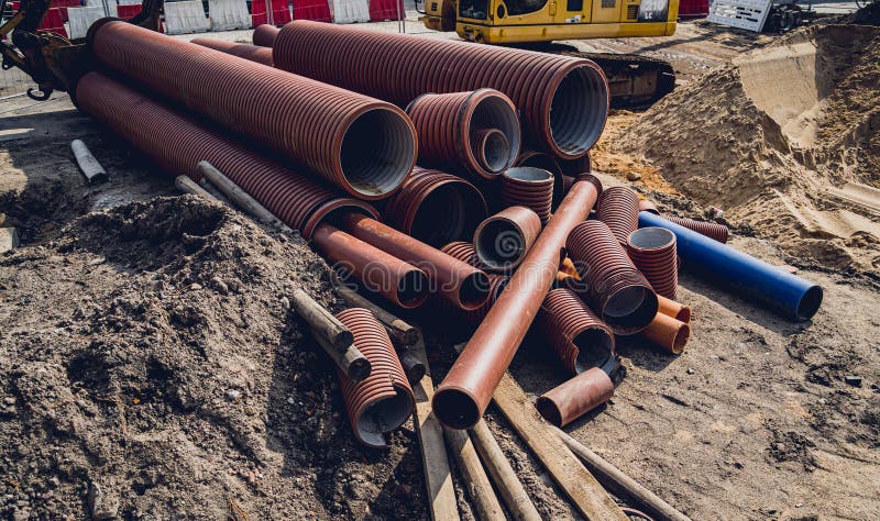 Big Construction Site with Pipes and Wires in the Construction Area ...