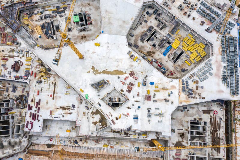 Big Construction Site with Working Construction Cranes. Top View Stock ...