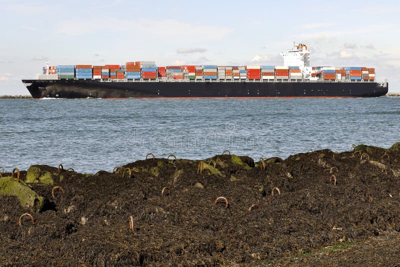 Big Container Ship on Her Way To the Sea Stock Image - Image of front ...