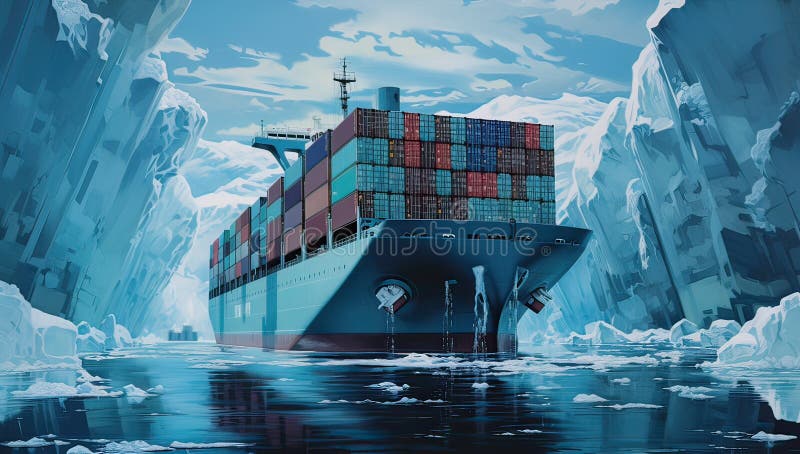 Big Container Ship in Ice Sea. Global Warming Concept Stock ...