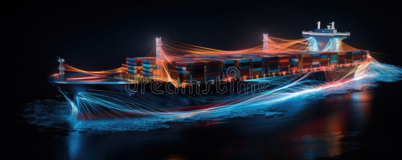 Big Container Ship with Neon Blue Lights in the Night. Import Export ...