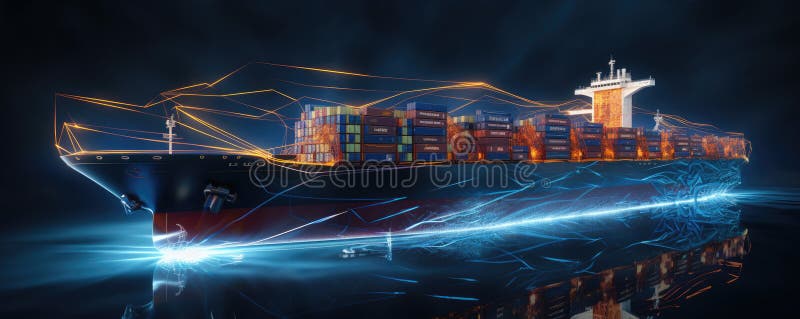 Big Container Ship with Neon Blue Lights in the Night. Import Export ...