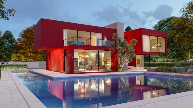 Big contemporary red villa stock illustration. Illustration of building ...