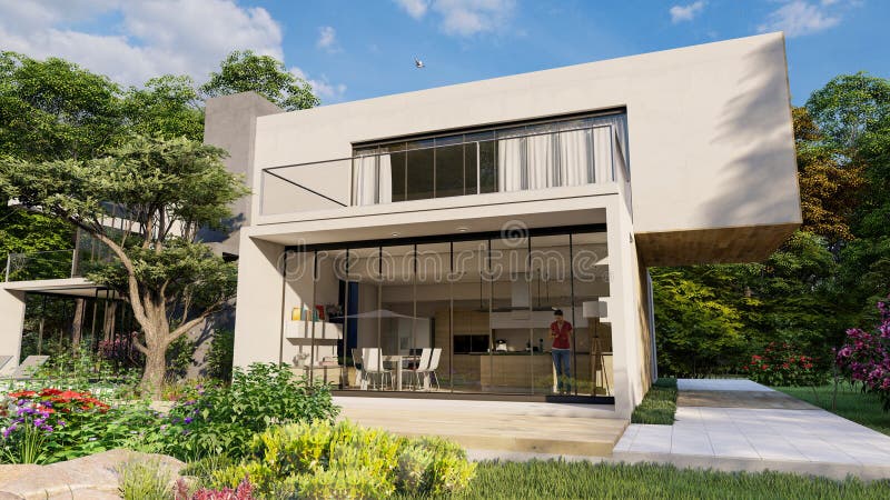 Big Contemporary Villa with Pool, Kitchen View Stock Illustration ...