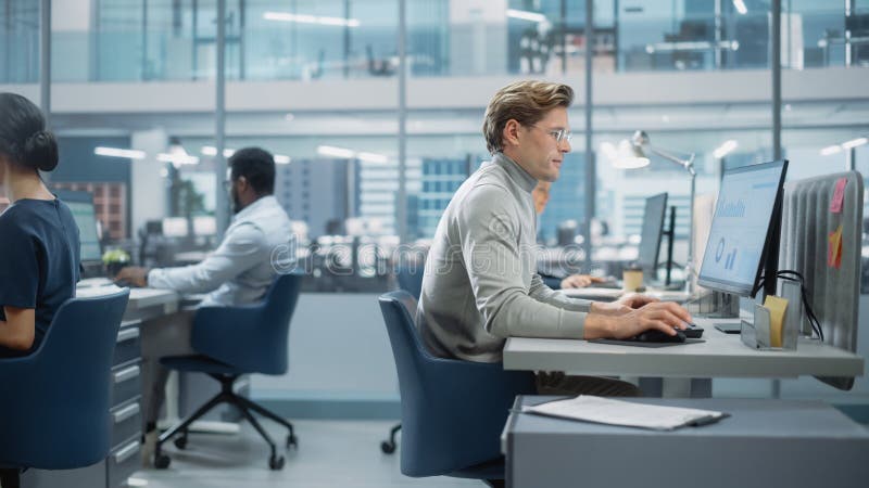 In Big Corporate Office: Portrait of Confident Handsome Manager in Grey ...